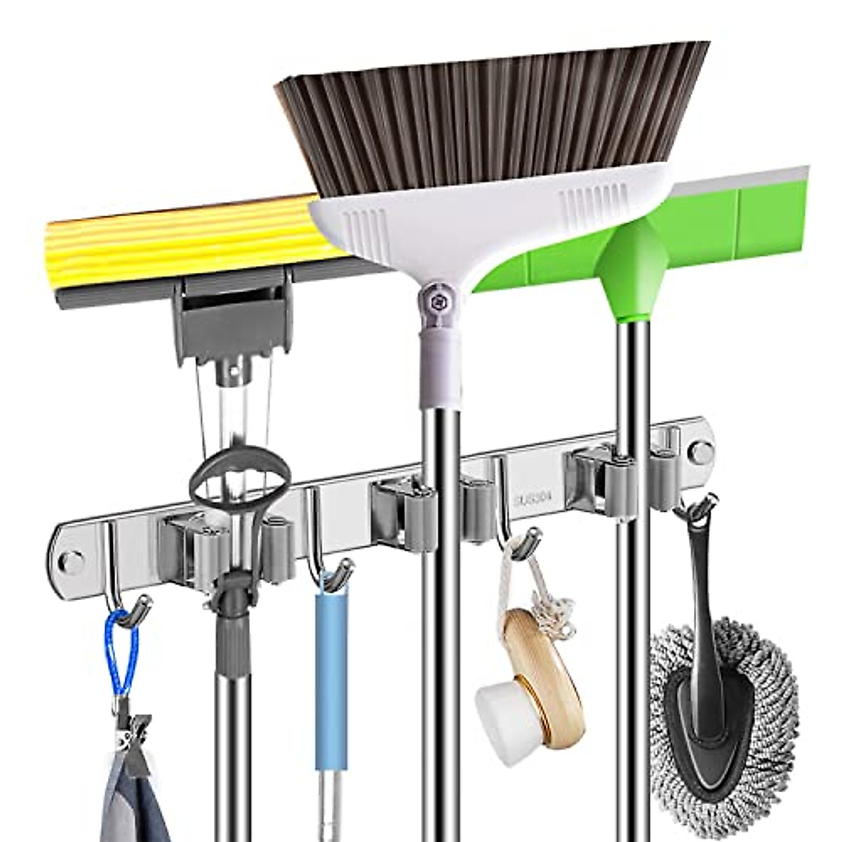 JEWJIO Broom Mop Holder Wall Mounted - Broom Storage Rack Utility Hanger 3 Racks 4 Hooks for Bathroom Home Kitchen Office Closet Garage Stainless Steel Heavy Tool Storage Rack (15 Inch)