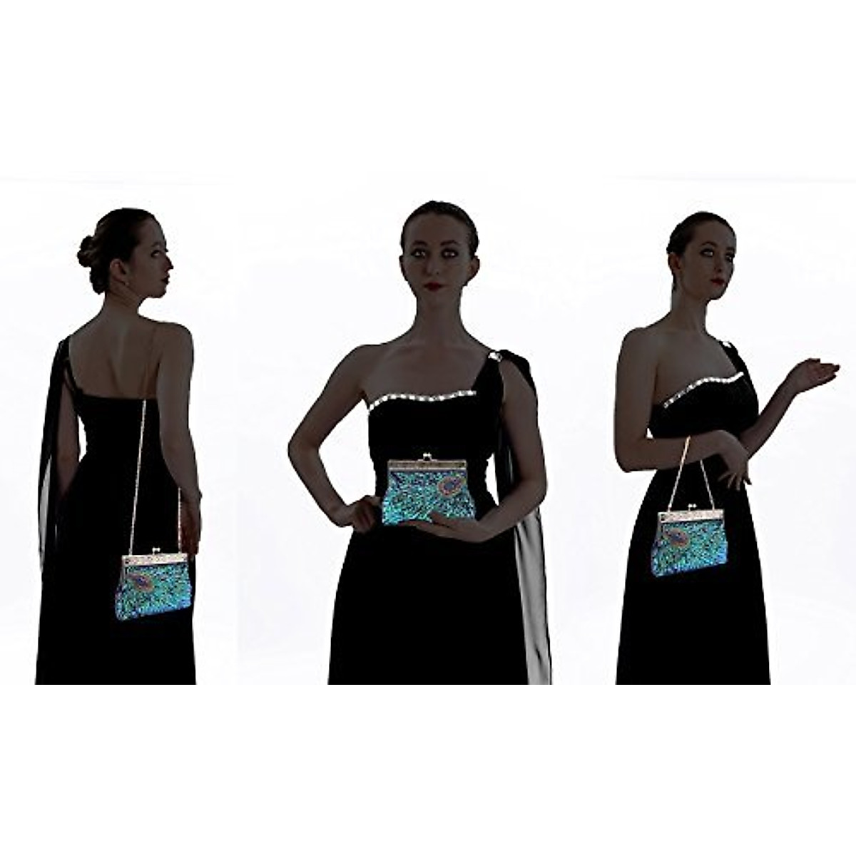 UBORSE Beaded Sequin Peacock Blue Evening Clutch Bags Party Wedding Purse