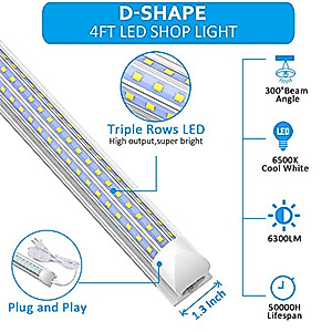 CNSUNWAY 4FT LED Shop Light, 48W 6300LM 6500K Super Bright, T8 Integrated LED Tube Lights, D-Shaped, High Output, Clear Cover, Linkable Shop Lights, LED Garage Light 4 Foot with Plug (6 Pack)