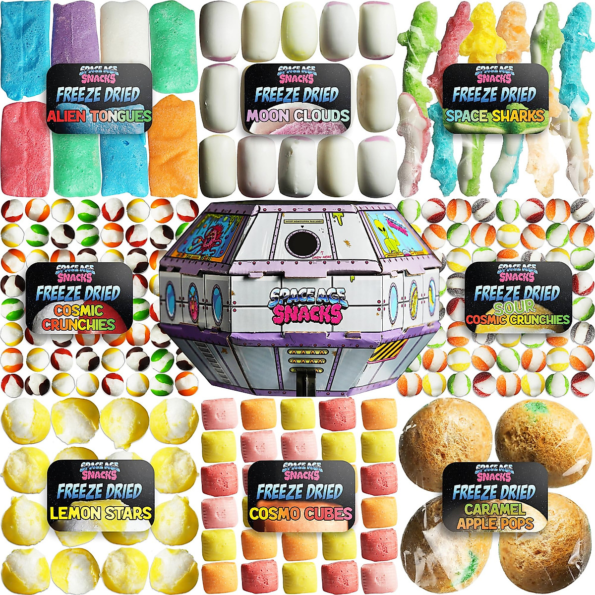 UFO Variety Pack - 9 Kinds of Premium Freeze Dried Candy - Cosmic Crunchies, Moon Clouds, Space Sharks, Alien Tongues, Lemon Stars and More - Shipped in a UFO Box with Fun Stickers (9 Pack)