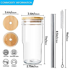 4 Pack Glass Cups with Bamboo Lids and Straws, 22 Oz Iced Coffee Cups Wide Mouth Smoothie Cup Reusable Cups, Glass Tumbler with Straw and Lid, Bubble Tea Cups for Pearl Tea, Juice- 2 Cleaning Brush