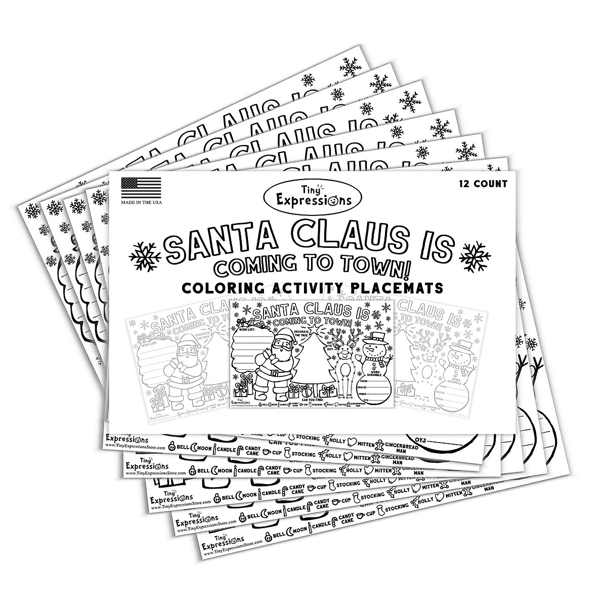 Tiny Expressions – Christmas Santa Placemats for Kids (Pack of 12 Holiday Placemats) | Coloring Activity Paper Mats for Kids Table | Disposable Bulk Bundle Set