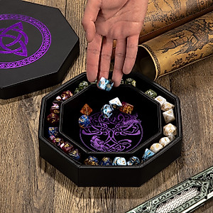 DND Dice Tray - Premium 8 Inch Tray Dungeons and Dragons - Exquisitely Detailed Purple World Tree & Triquetra Design - Perfect Rolling & Box Storage to Protect Your Dice for D&D and RPG