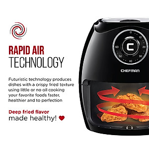 Chefman 6.5 Quart Air Fryer Oven with Space Saving Flat Basket, Oil Free Hot Airfryer with 60 Minute Timer & Auto Shut Off, Dishwasher Safe Parts, BPA-Free, Family Size, X-Large, Black