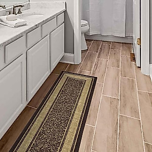 Ottomanson Ottohome Non-Slip Rubberback Bordered Design 2x7 Indoor Runner Rug, 1'10" x 7', Brown