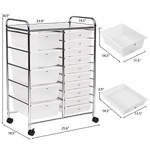 SILKYDRY 15 Drawers Rolling Storage Cart, Craft Cart Organizer with Lockable Wheels for Tools, Arts, Scrapbook, Papers, Multipurpose Utility Cart for Home Office School (Clear)