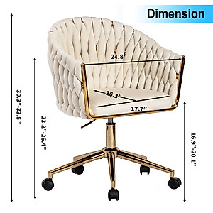 linting Velvet Office Desk Chairs Vanity Chairs with Gold Base Height Adjustable Mid Back Makeup Chairs with Wheels for Women, Hand-Woven Accent Chairs Armchair, Beige