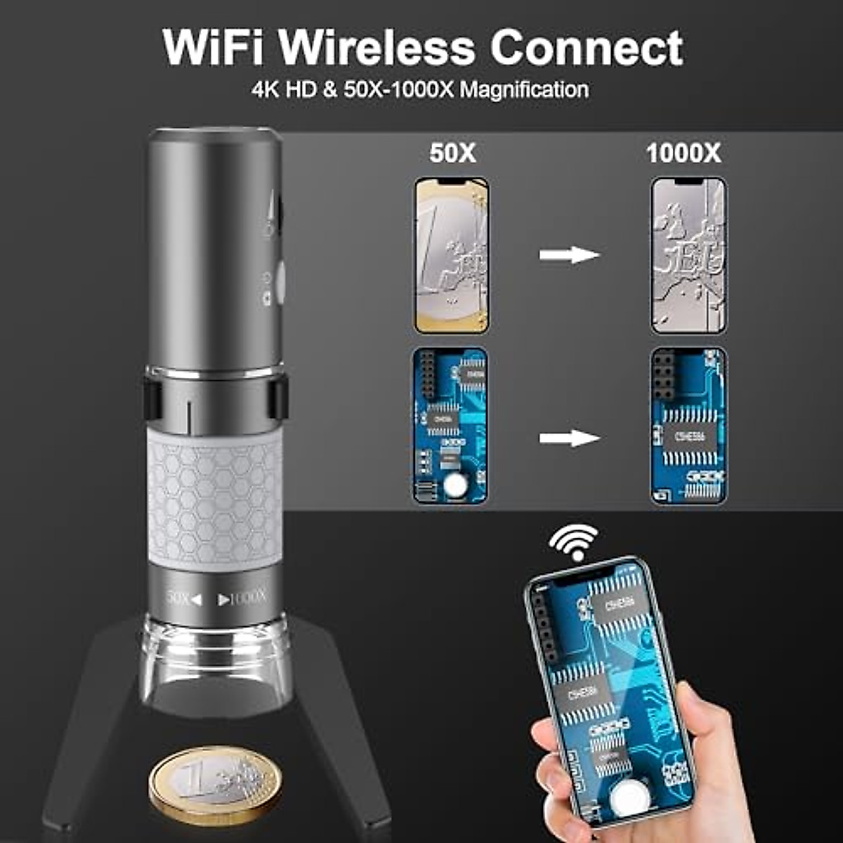 Bysameyee 4K HD Wi-Fi Wireless Digital Microscope Camera Magnifier, Compatible for iPhone, iPad, Android Phones and PC