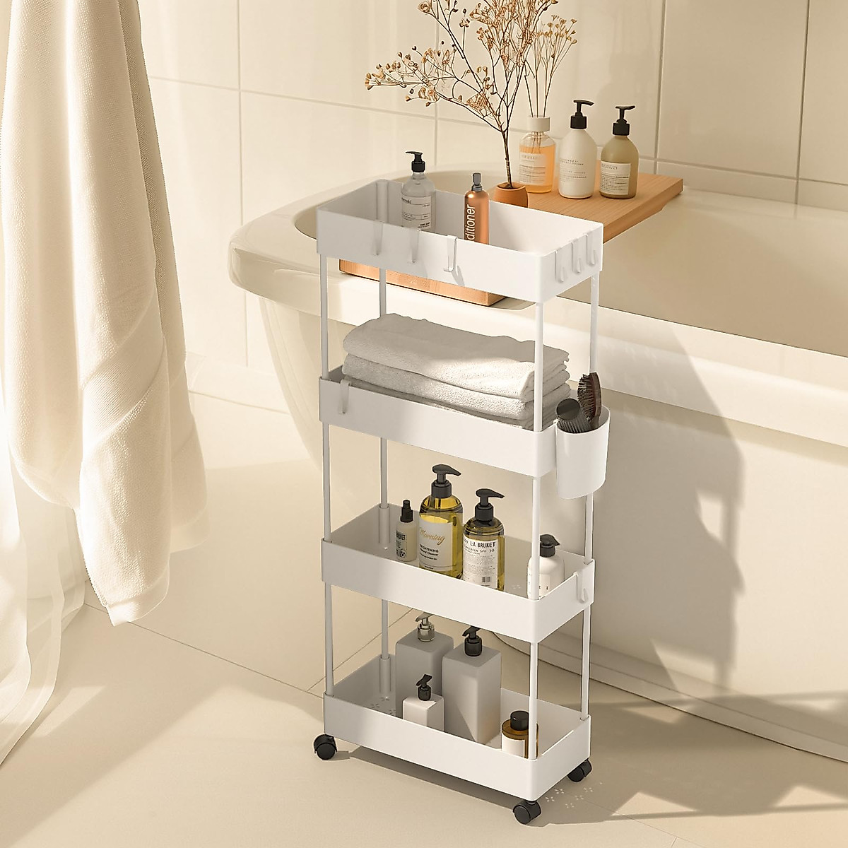 Pipishell Slim Storage Cart with Wheels, 4 Tier Bathroom Storage Organizer Rolling Utility Cart for Bathroom Kitchen Laundry Room Office Narrow Place (White)
