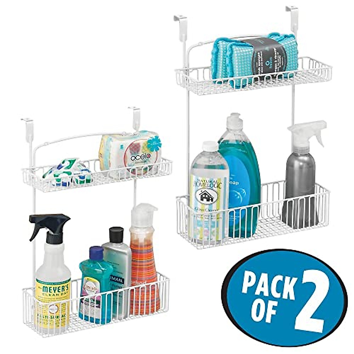 mDesign Steel Over Cabinet Kitchen Storage Organizer Holder or Basket - Hang Over Cabinet Doors in Kitchen, Pantry, Bathroom; Holds Dish Soap, Window Cleaner - Concerto Collection, 2 Pack, Matte White