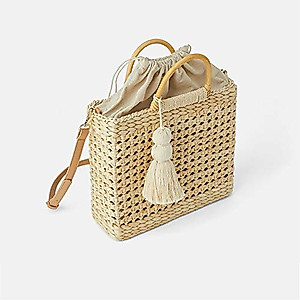 QTKJ Fashion Women Summer Straw Crossbody Bag with Cute Tassels Pendant, Hand-Woven Beach Shoulder Bag with Top Wooden Handle Tote Bag (Beige)