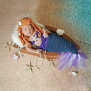M&G House Newborn Photography Prop Outfits Girl Mermaid Tail Baby Photo Props Mermaid Outfit Crochet Knitted Mermaid Costume Baby Photoshoot Props Halloween Costume Photography Props(Purple&Royalblue)