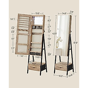 SONGMICS LED Mirror Jewelry Cabinet Standing, Lockable Jewelry Armoire with Full-Length Mirror, Space-Saving Jewelry Organizer with Mirror, Drawer and Shelf, Toasted Oak Color UJJC025N01
