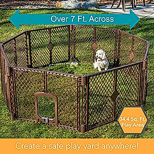North States MyPet 34.4 Sq. Ft. Petyard Passage: Made in USA, 8-panel pet enclosure with lockable pet door. Freestanding. (26" Tall, Brown)