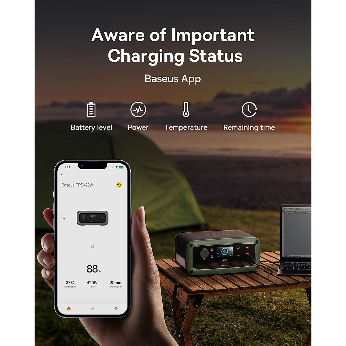 Baseus Portable Power Station ioTa 420W, 288Wh Solar Generator with 90000mAh LiFePO4 Backup Battery, 140W PD3.1 Fast Charging, 2 AC Outlets, LED Light for Outdoor Camping, RVs, CPAP, Home Emergency