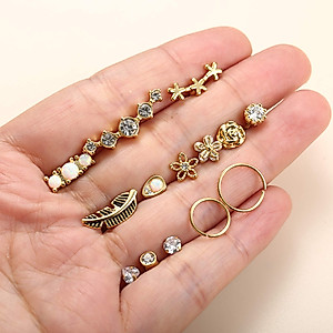 SAILIMUE 16Pcs 16G Studs for Women Surgical Stainless Steel Helix Tragus Couch Hoop Piercing Earrings Set Opal Shiny CZ Cartilage Earrings Silver/Gold/Rose Gold Tone