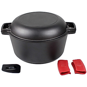 Cast Iron Dutch Oven with Skillet Lid - 10.23” diameter, 5 qt - Multi Cooker Stock Pot For Frying, Cooking, Baking & Broiling + 2 silicone potholders