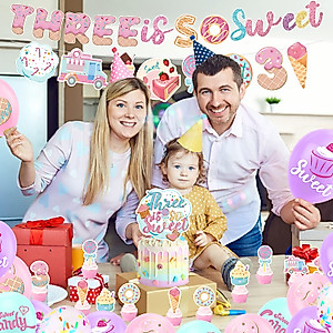 Three is So Sweet Ice Cream Birthday Party Decorations, Three is So Sweet Party Banner Cake Cupcake Toppers Macaron Balloons for Ice Cream/Donut Theme Third Birthday Girls Ice Cream 3rd Birthday Party