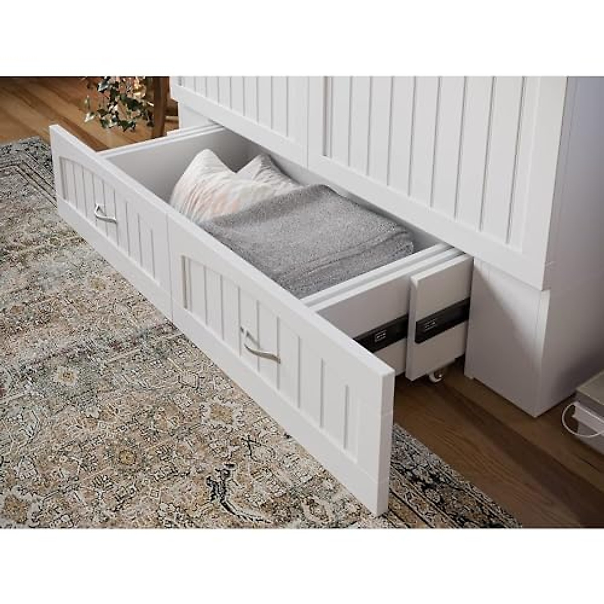 HomeStock Baroque Bonanza Murphy Bed Chest with 6 Inch Memory Foam Folding Mattress, Built-in Charging Station and Storage Drawer, Full, White