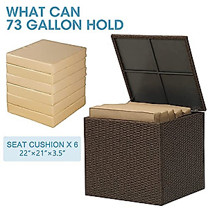 SUNVIVI OUTDOOR 73 Gallon Wicker Deck Box with Waterproof Inner, Hydraulic Pistons, Aluminum Frame for Cushions, Brown