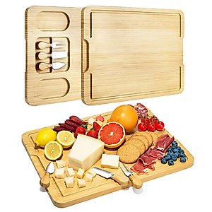Bamboo Cheese Board with Magnetic Knife Set, Charcuterie Board Set, Unique Bamboo Cutting Board, Cheese Tray Platter, Gift for House Warming, Anniversary, Christmas, Thanksgiving