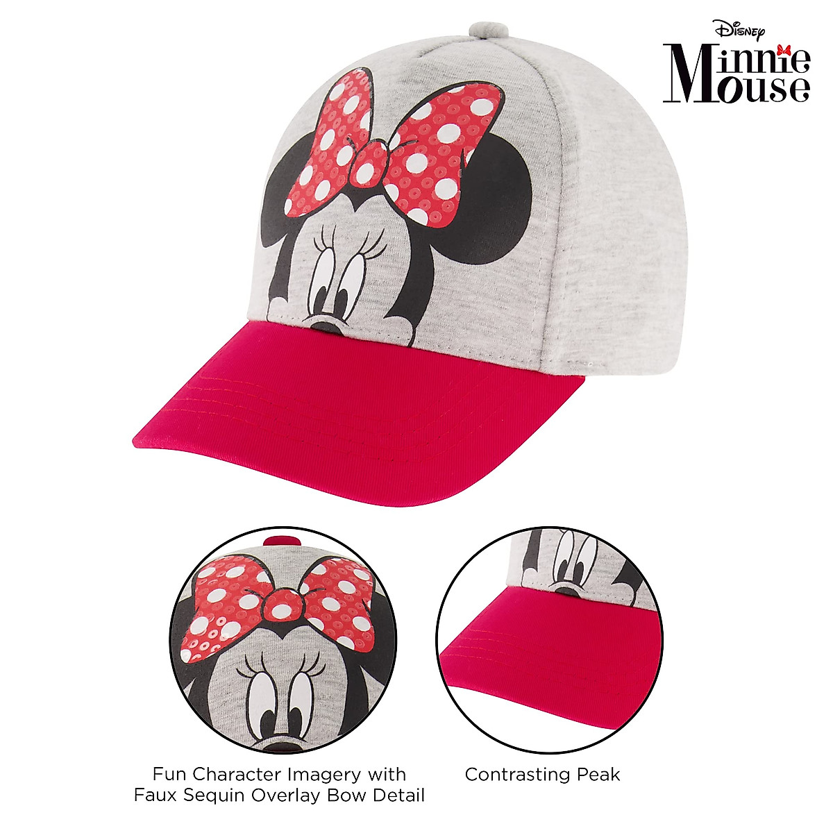 Disney Little Baseball Cap, Minnie Mouse Adjustable Toddler Ages 2-4, Grey/Red
