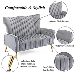 Artechworks Tufted Contemporary Velvet Wingback HighBack Loveseat Sofa Chair Upholstered Couch with Gold Metal Legs Two-Seat Sofa for Living Room Bedroom Apartment Small Space Dorm, Grey