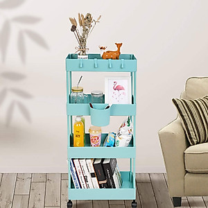 JAKAGO 4-Tier Utility Rolling Storage Cart Slim Mobile Shelves on Wheels Multi-Function Trolley with Mesh Basket Storage Organizer Rack for Kitchen Pantry Bathroom Laundry (Teal)