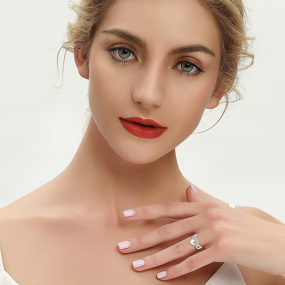 JO WISDOM Women Pearl Ring,925 Sterling Silver Cubic Zirconia Infinity Pearl Ring with 7mm Round White Pearl Ring size 8