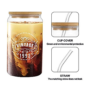 Delsakhula 30th Birthday Gifts for Women Men Vintage 1993 Coffee Can Glass 30 Year Old Birthday Vintage 1993 Glass Can Gifts for Women Men Coffee Glass Can with Bamboo Lid and Glass Straw 16 Oz