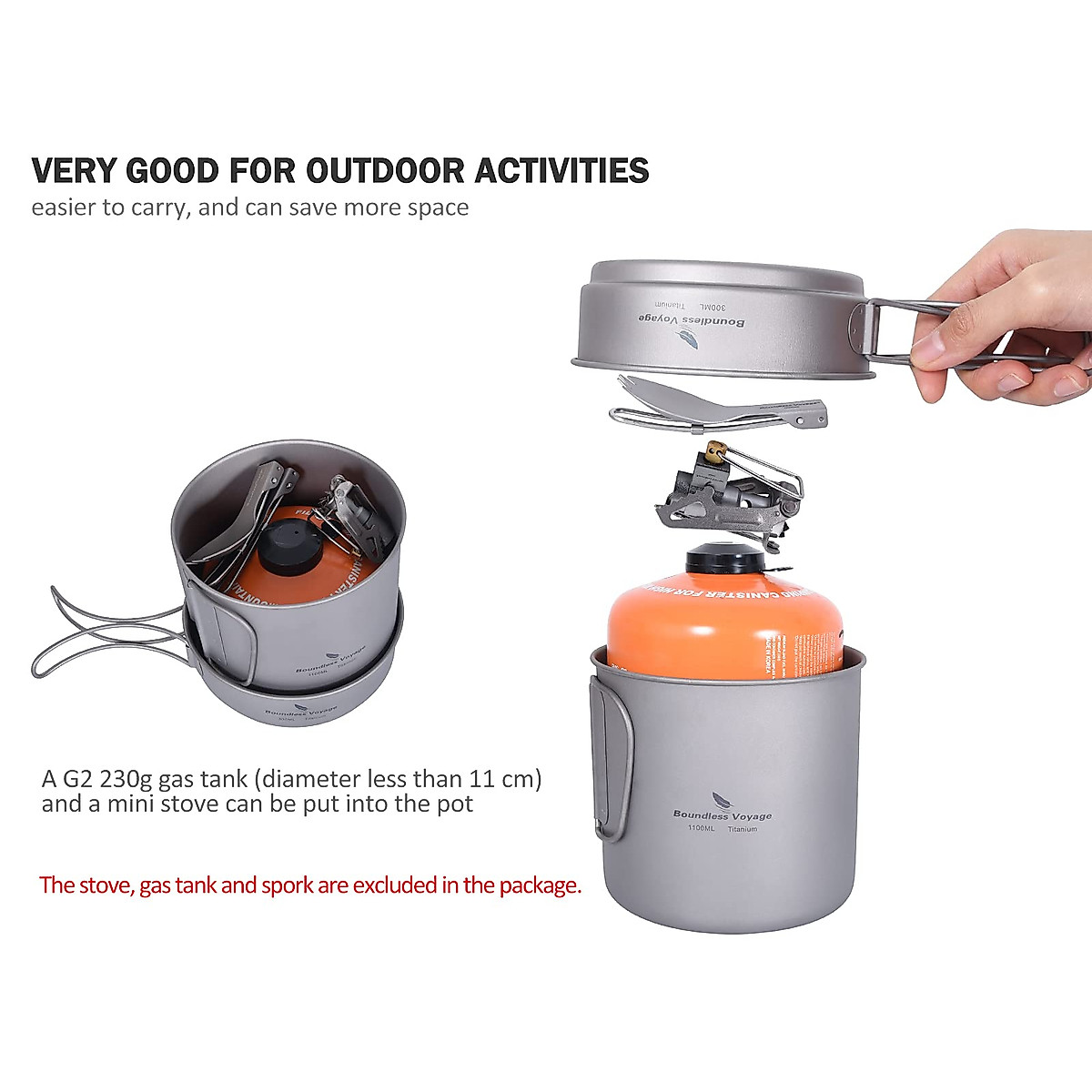 Boundless Voyage Camping Titanium Pot Pan Set with Folding Handles Outdoor Picnic Hiking Bowl Plate Mess Kit Tableware Cookware Ti2053C
