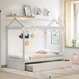 Merax Twin House Bed with Trundle, Twin Size Wooden House Bunk Bed with Support Legs, Can be Decorated for Girls, Boys (White)