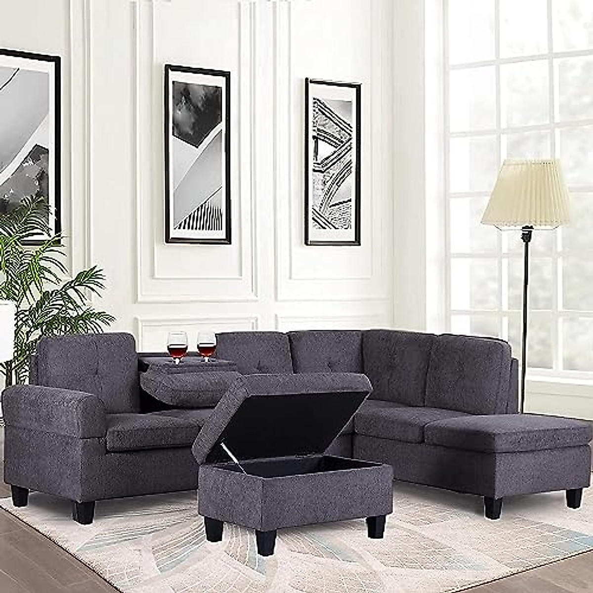 EMKK Modern Sectional Sofa Set Left Right Chaise Lounge & Storage Ottoman Upholstered Corner L Shaped Sofá Living Room Couch w/Cup Holder, Arm Nail for Home/Office, Grey Leftchaise