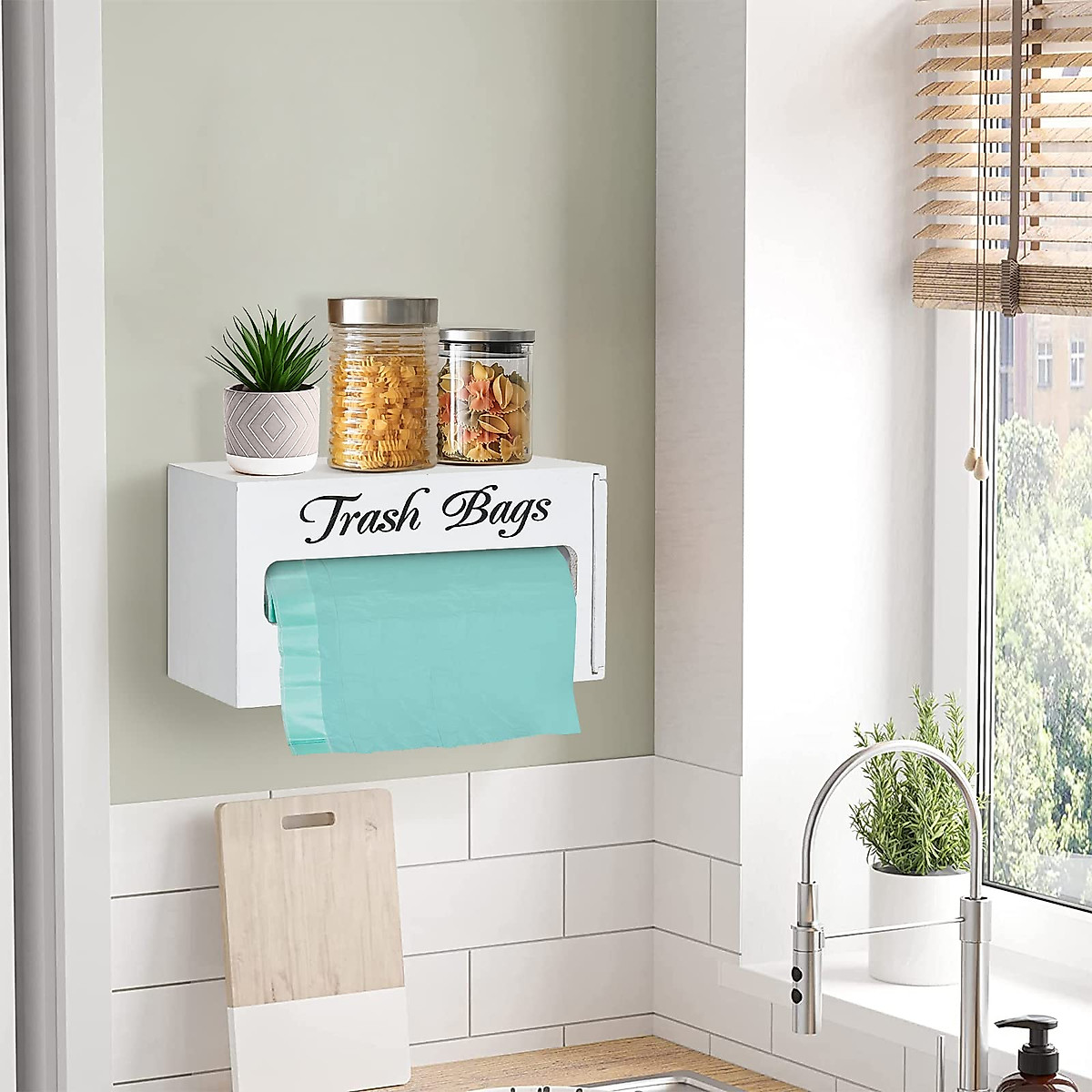 Trash Bag Holder for Kitchen Organizers and Storage, Wooden Farmhouse Plastic Bag Holder Wall Mounted, Trash Bag Dispenser for Kitchen Countertop, Cabinet, Under Sink, Laundry Room Organization