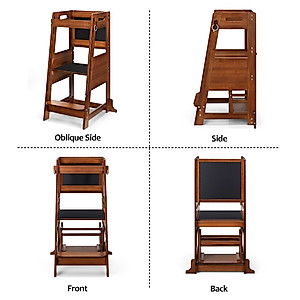 TOETOL Bamboo Toddler Step Stool Learning Kitchen Stool Standing Tower for Toddler Kitchen Counter Helper Stool 3 Height Adjustable with Activity Chalkboard and Whiteboard Message Boards,Non-Slip Mat