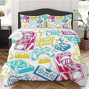 Duvet Cover Twin Size, Vintage Game Retro Gamer Bedding Set with Zipper Closure for Kids and Adults, Gamepad Gaming Kids Comforter Cover with Pillow Sham for Bedroom Bed Decor