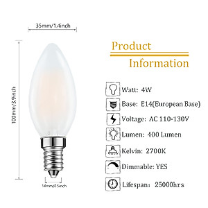 Lamsky E14 LED Bulb European Base 4W LED Chandelier Light Bulbs Dimmable 40W Equivalent,110V 2700K Warm White,Frosted Glass Decorative Bulb,6 Pack