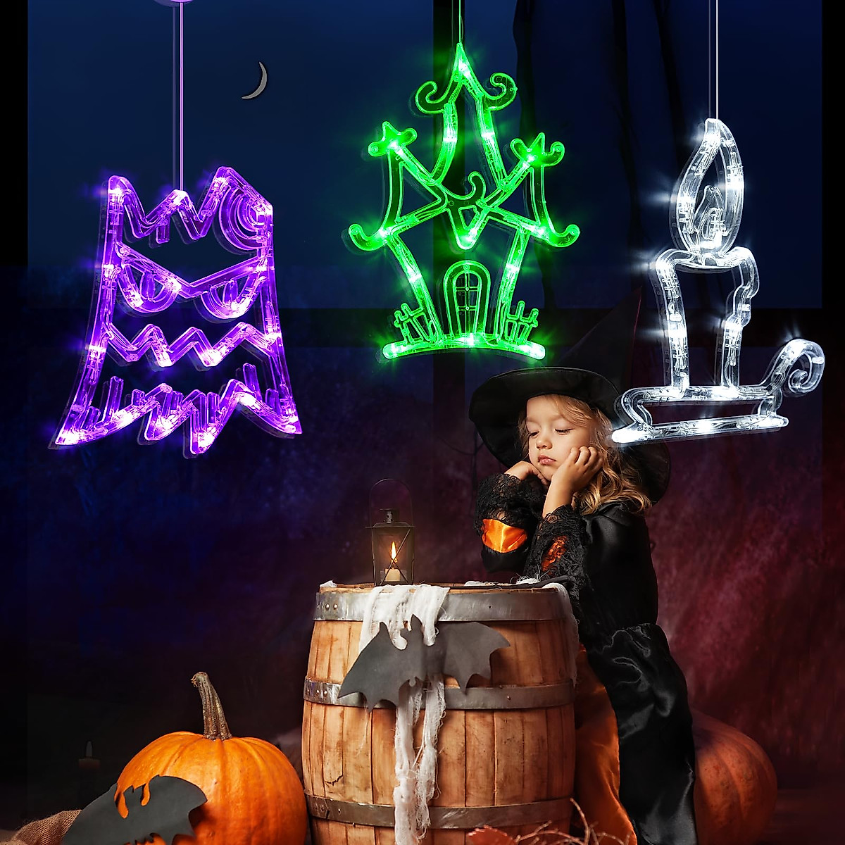 LOLStar Halloween Lights,3 Pack Ghost Tree, Haunted House, Candle Window Lights with Suction Cup, Upgrade Timer and Slowly Fade Functions Battery Operated Indoor Lights for Halloween Window Decoration