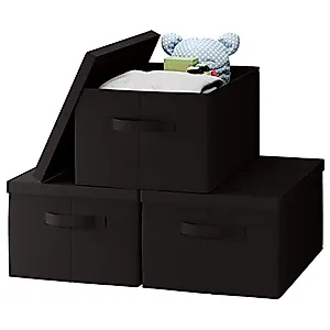 Ornavo Home Foldable Collapsible Large Storage Box Bins Fabric Shelf Basket Organizer with Handles and Lid - Set of 3 - 15 x 10 x 9 - Black