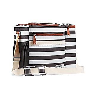 Foundry by Fit + Fresh, Brooks Dual-Compartment Insulated Cooler Bag with Wine Cooler Compartment, Food & Beverage Beach Bag, Picnic Basket, Perfect For Tailgating & Camping Accessories, Black & White