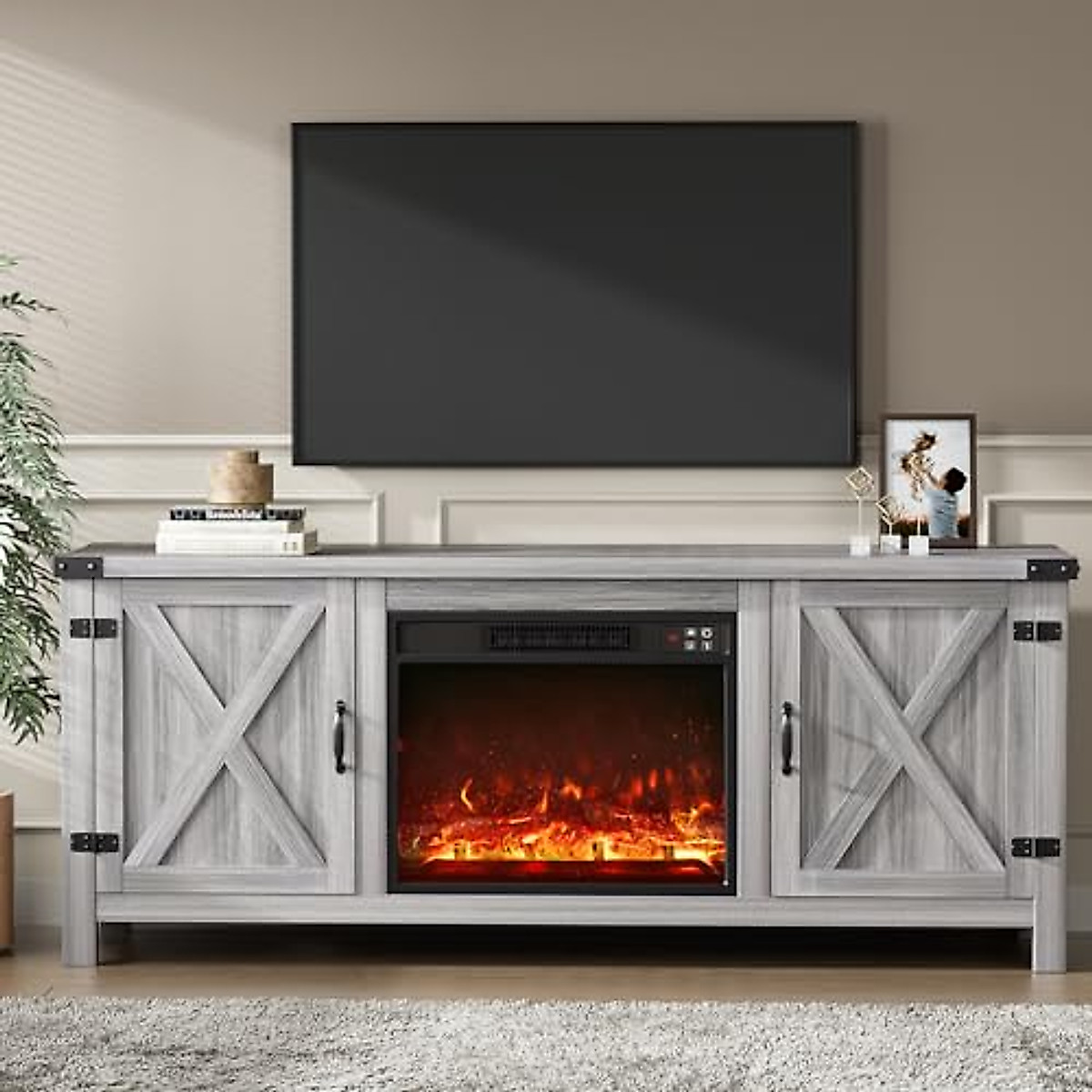YESHOMY Fireplace TV Stand with Two Barn Doors and Storage Cabinets for Televisions up to 65+ Inch, Entertainment Center Console Table, Media Furniture for Living Room, 58 Inch, Gray Wash