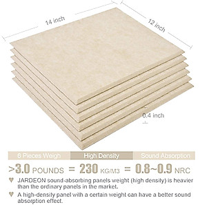 Jardeon Acoustic Absorption Panels Camel Sound Absorbing Padding Soundproof Wall Tiles, Beveled Edge, 16" X 12" X 0.4", 6 Pack