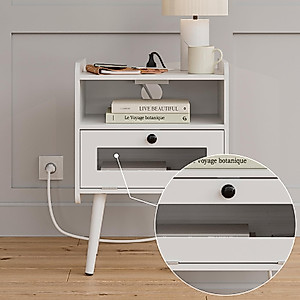 Masupu Nightstand with Charging Station,Mid-Century Modern Bedside Table with Storage Drawer and Open Wood Shelf,Small End Side Table with Glass Decorative Door for Bedroom,Living Room,White
