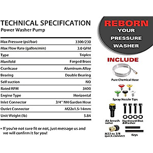 YAMATIC Horizontal Triplex Pressure Washer Pump 3/4" Shaft 3300 PSI @ 3.0 GPM 5.5-8 HP Replacement for Most Brand Honda Simpson 90036 90039 and More