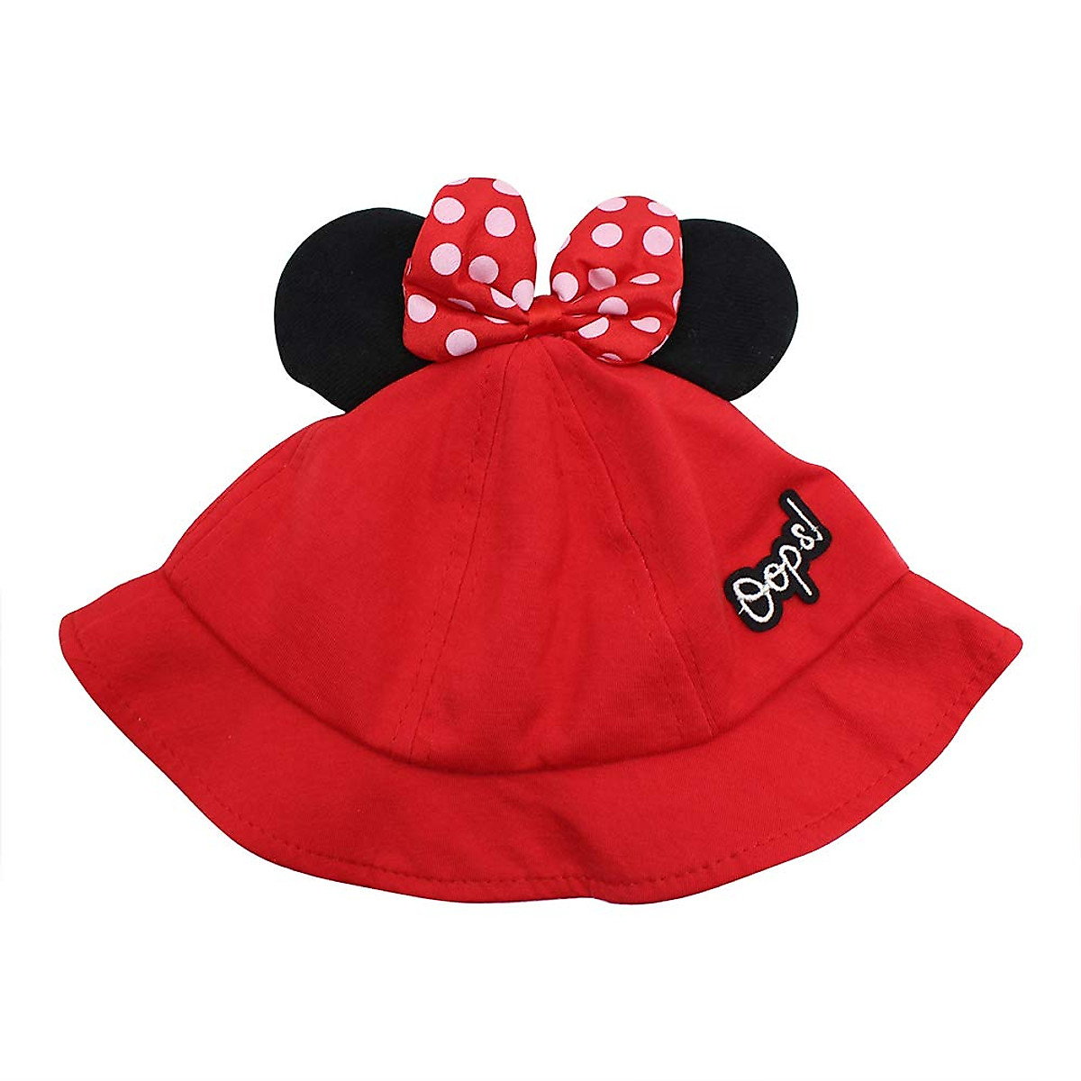 Wide Brim Sun Protection Hat Cute Mouse Ear Bucket Hat Camping Cap with Bow for Kids Toddler Red