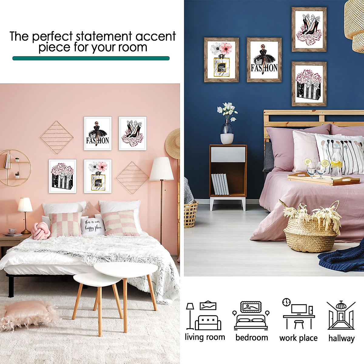 Lodintech Fashion Wall Art Bedroom Aesthetic Canvas Pink Art Prints Wall Decor Black White Fashion Posters Wall Pictures Gray Pink Room Decor Perfume High Heels Flowers Wall Art Prints 8x12'' Unframed