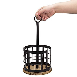 MyGift Black Metal Farmhouse Paper Towel Holder Kitchen Countertop Stand with Brown Wood Base and Top Ring Handle