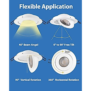 POPANU 4inch Gimbal LED Recessed Light Recessed LED 4 inch White Swivel Gimbal Canless Light 360° Rotation 90° Tilt 4" 9W Eyeball Lighting Dimmable Adjustable Can Spotlights 5CCT White 4 inch 6 Pack
