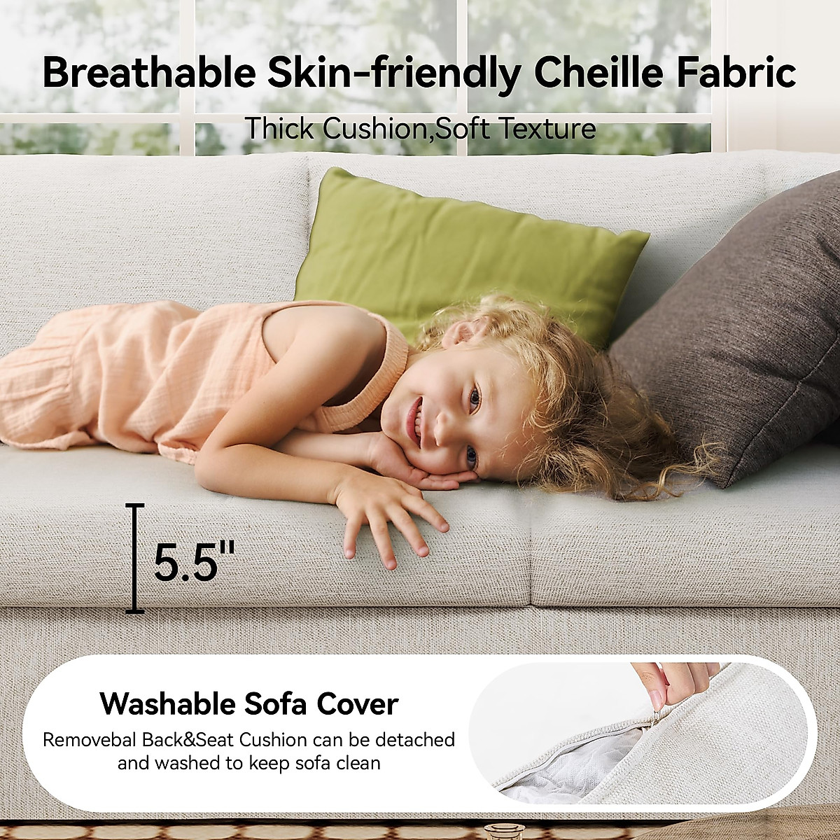 AMICLIBER 93 Inch Slipcovered Sofa,Comfy 3-Seater Sofa Couch with Extra Deep Seats,Modern Upholstered Loveseat with Wide Armrest,Removable Chenille Cover,Couch for Living Room,Office,Apartment,Beige