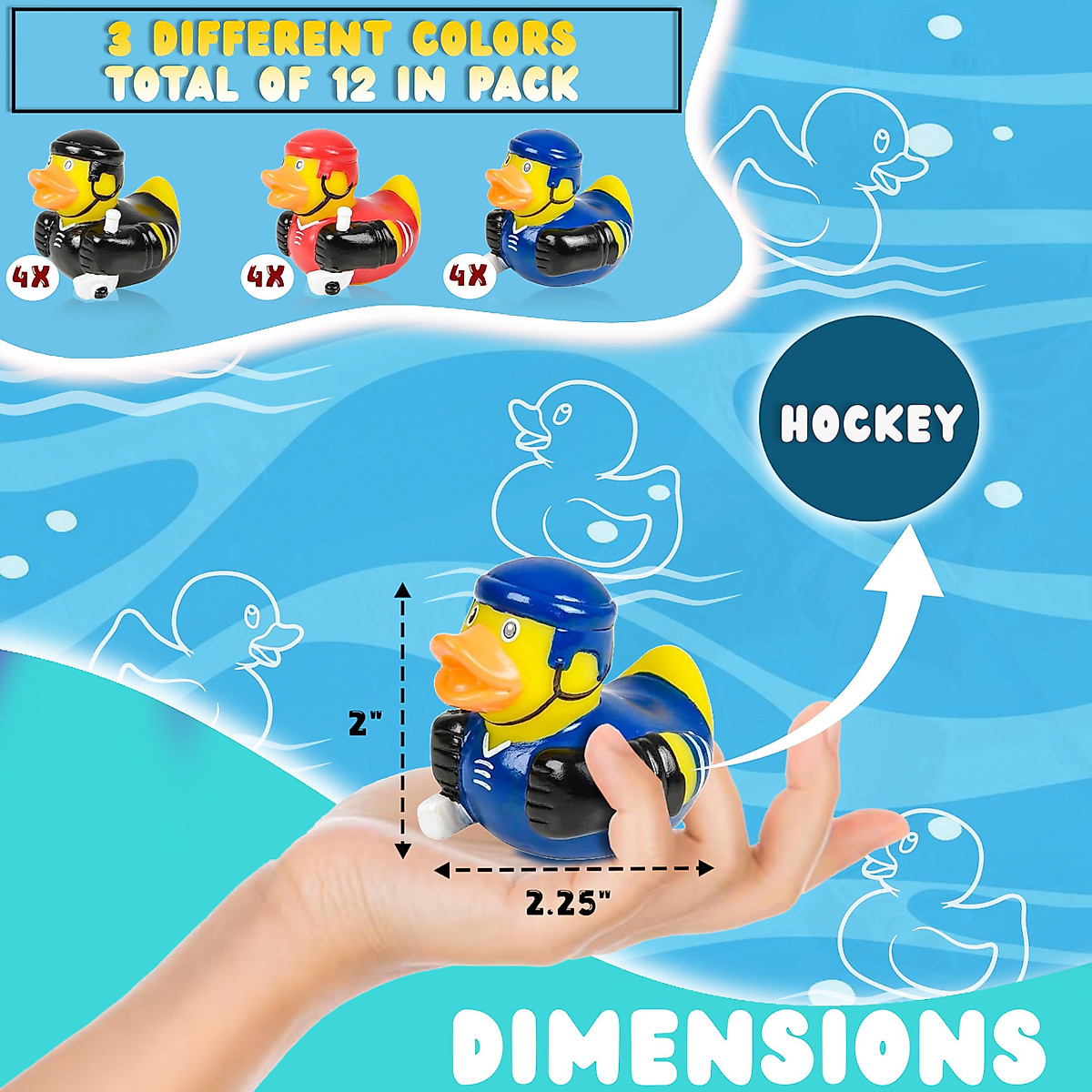 Sports-Themed Rubber Duckies - Rubber Ducky Bath Toy Set, 2" Hockey, Baseball, Football, Basketball, and Soccer Mini Rubber Ducks - Durable Mini Ducks for Kids of All (Hockey - Pack of 12)